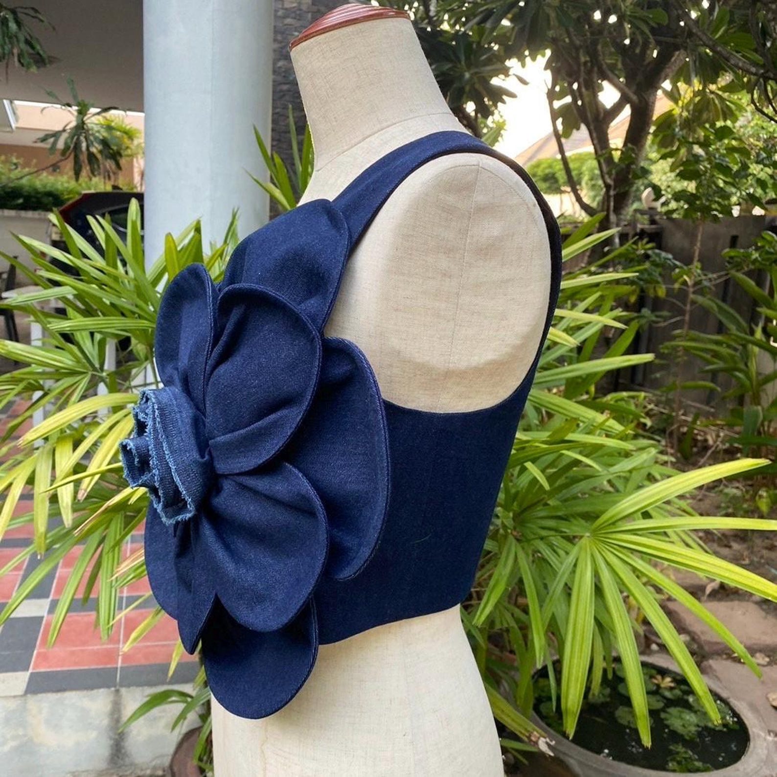 Upcycled Denim Crop Top: 3D Floral, One-shoulder Design - Etsy