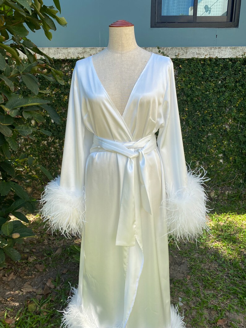 White Silk Satin Feather Robes for Women Long,robe for Bride ...
