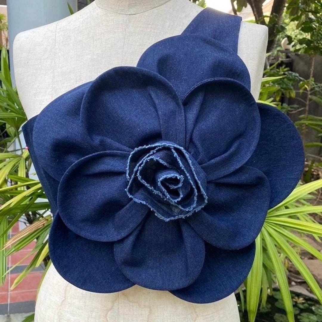 Upcycled Denim Crop Top: 3D Floral, One-shoulder Design - Etsy