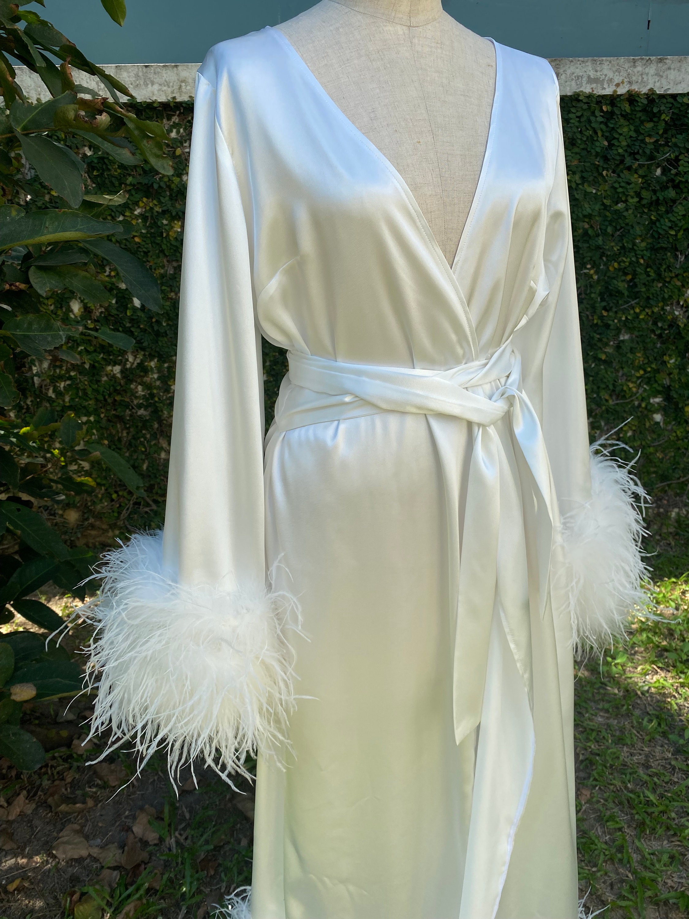 White Silk Satin Feather Robes for Women Long,robe for Bride,personalized Bridesmaids Robes ...