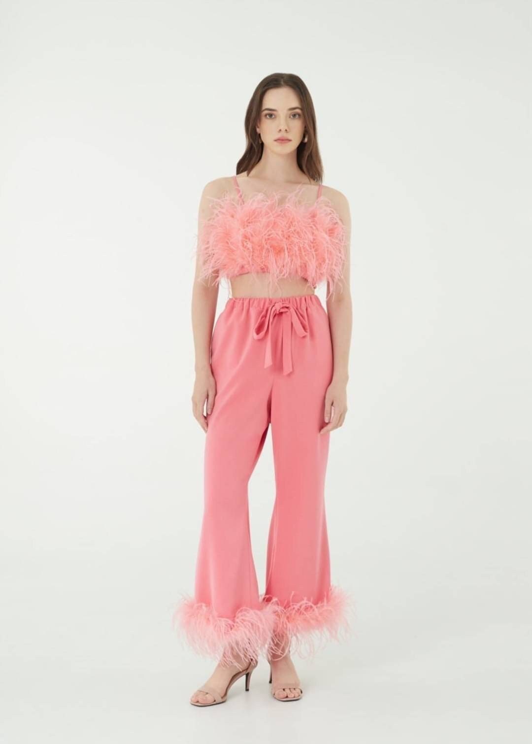 Coral Pink Feather Top & Wide Leg Trousers Set - Etsy