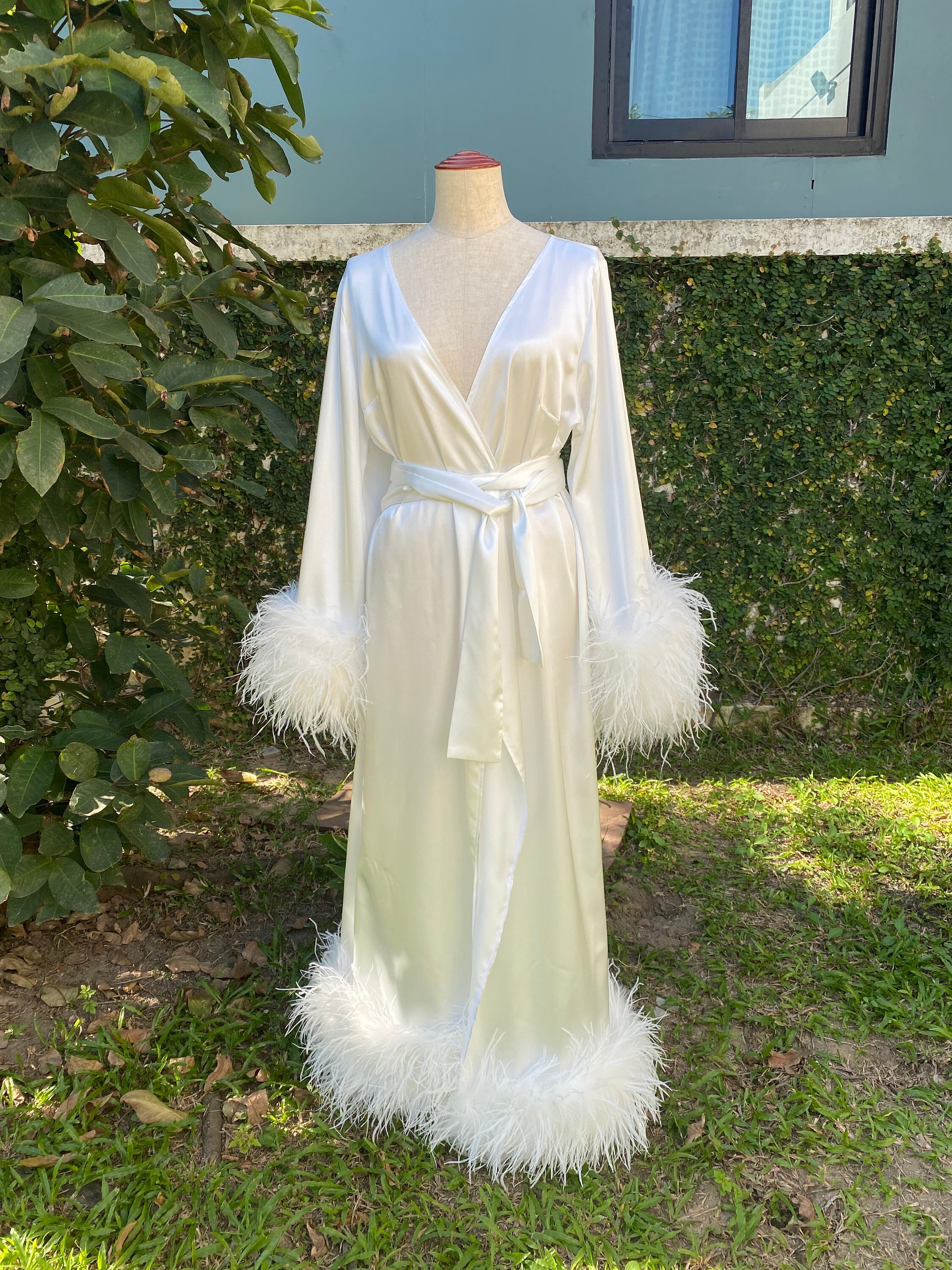 White Silk Satin Feather Robes for Women Long,robe for Bride,personalized Bridesmaids Robes ...