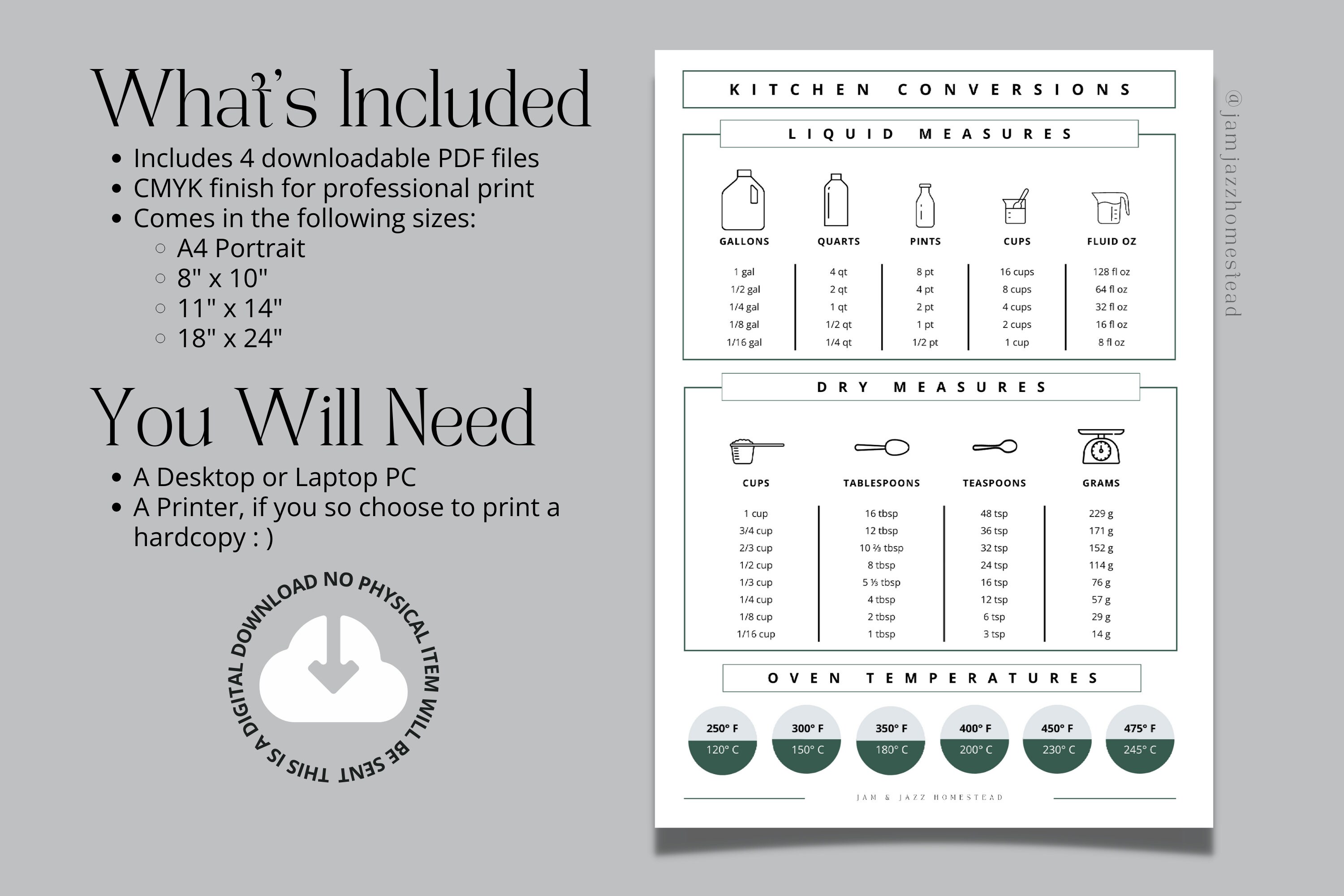 Kitchen Conversion Guide Print, Accurate Liquid/dry Measurements and ...