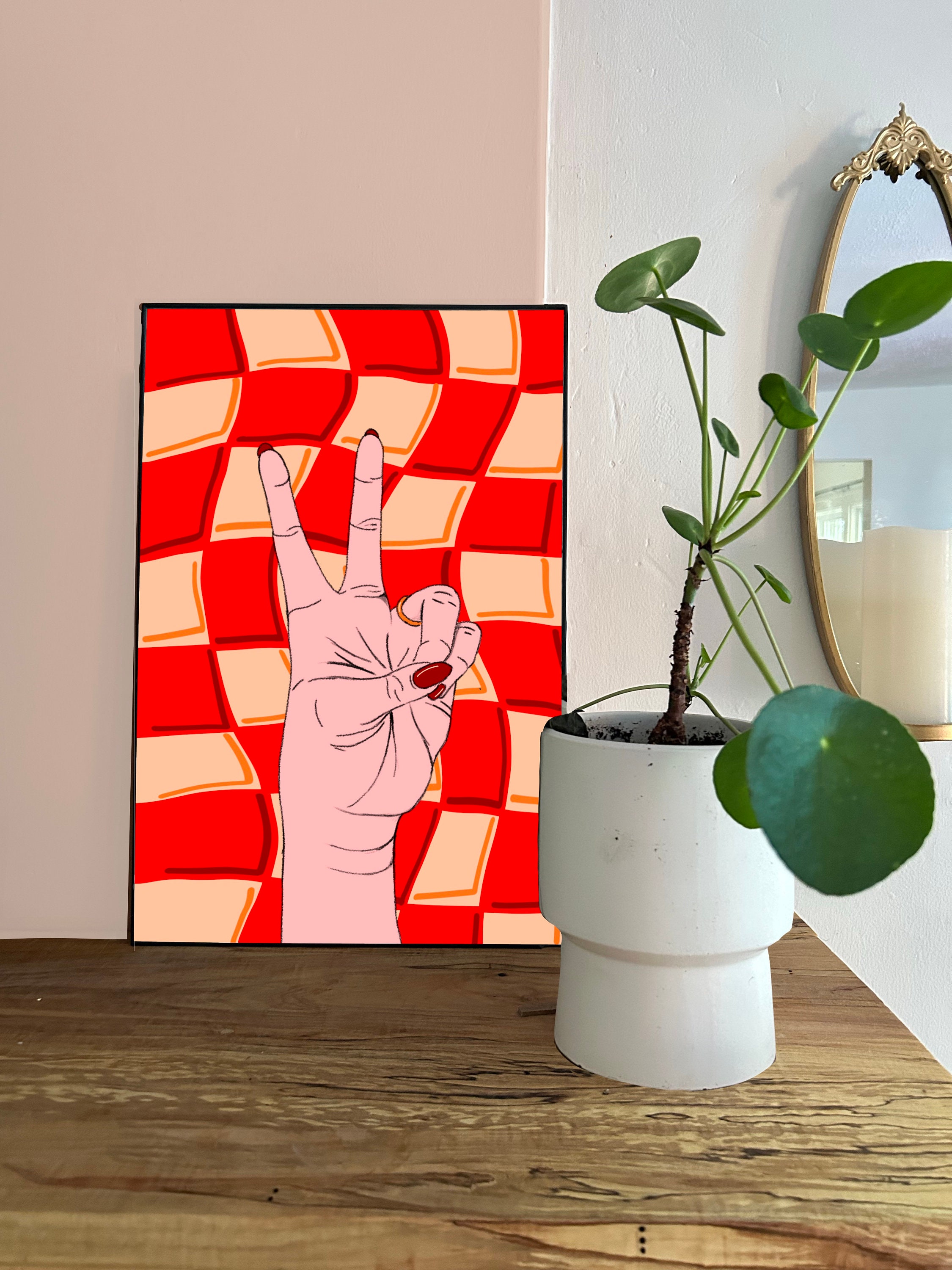 Red Hand Peace Sign Digital Download Wall Art, Checkerboard - Etsy