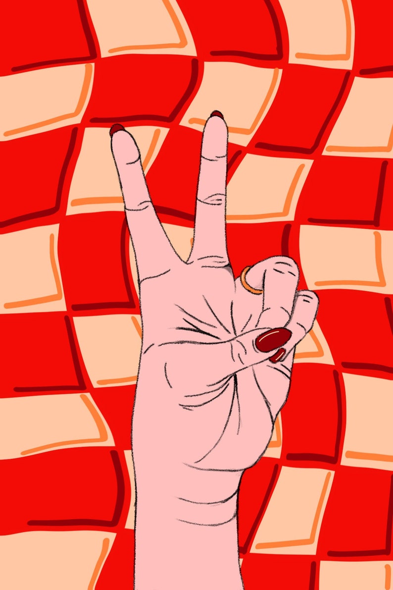 Red Hand Peace Sign Digital Download Wall Art, Checkerboard - Etsy