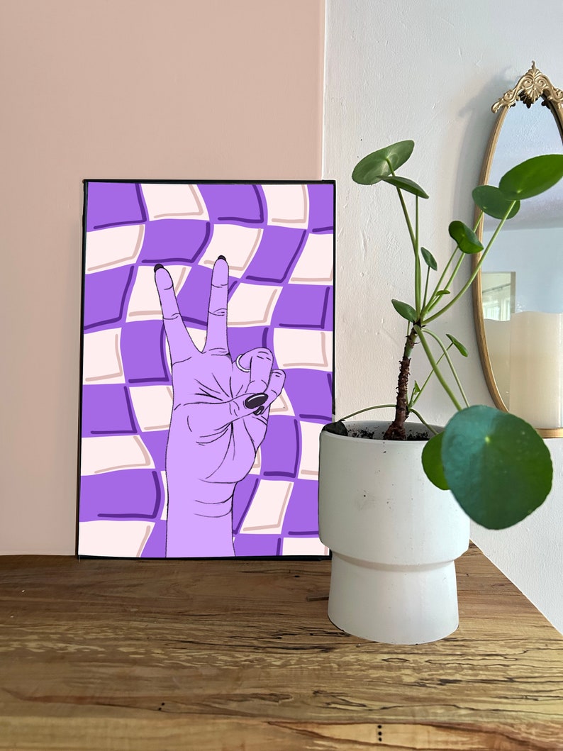 Purple Hand Peace Sign Digital Wall Art, Checkerboard - Etsy