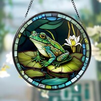Stained Glass Frog Window Hanging: Handmade Green Amphibian Art - Etsy