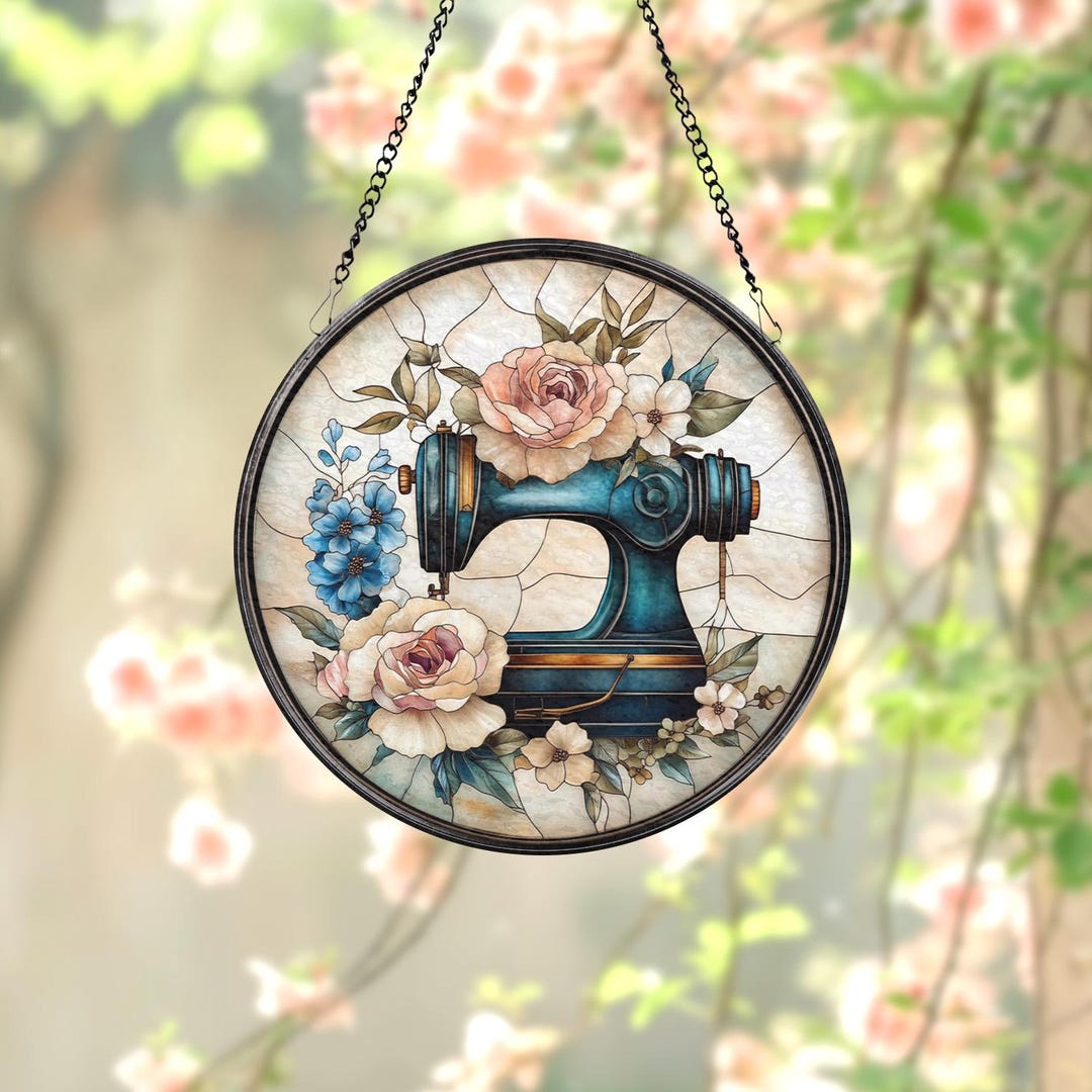 Personalized Glass Sewing Machine Suncatcher, Wildflower Window Hanging ...