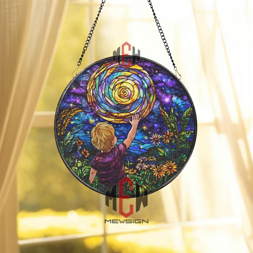 Reach for the Stars Stained Glass Suncatcher, Galaxy Night Sky Art ...