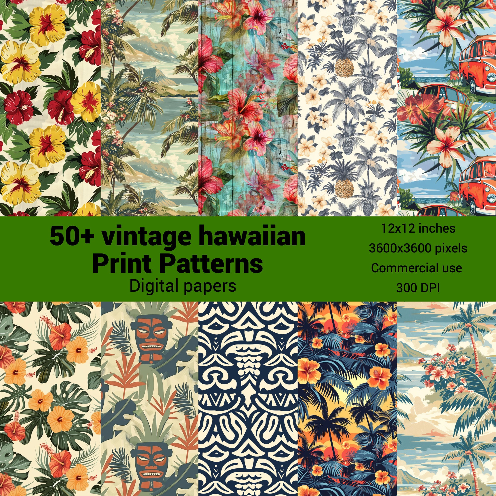 50 Vintage Summer Hawaiian Patterns Collection, Commercial Use, Instant ...
