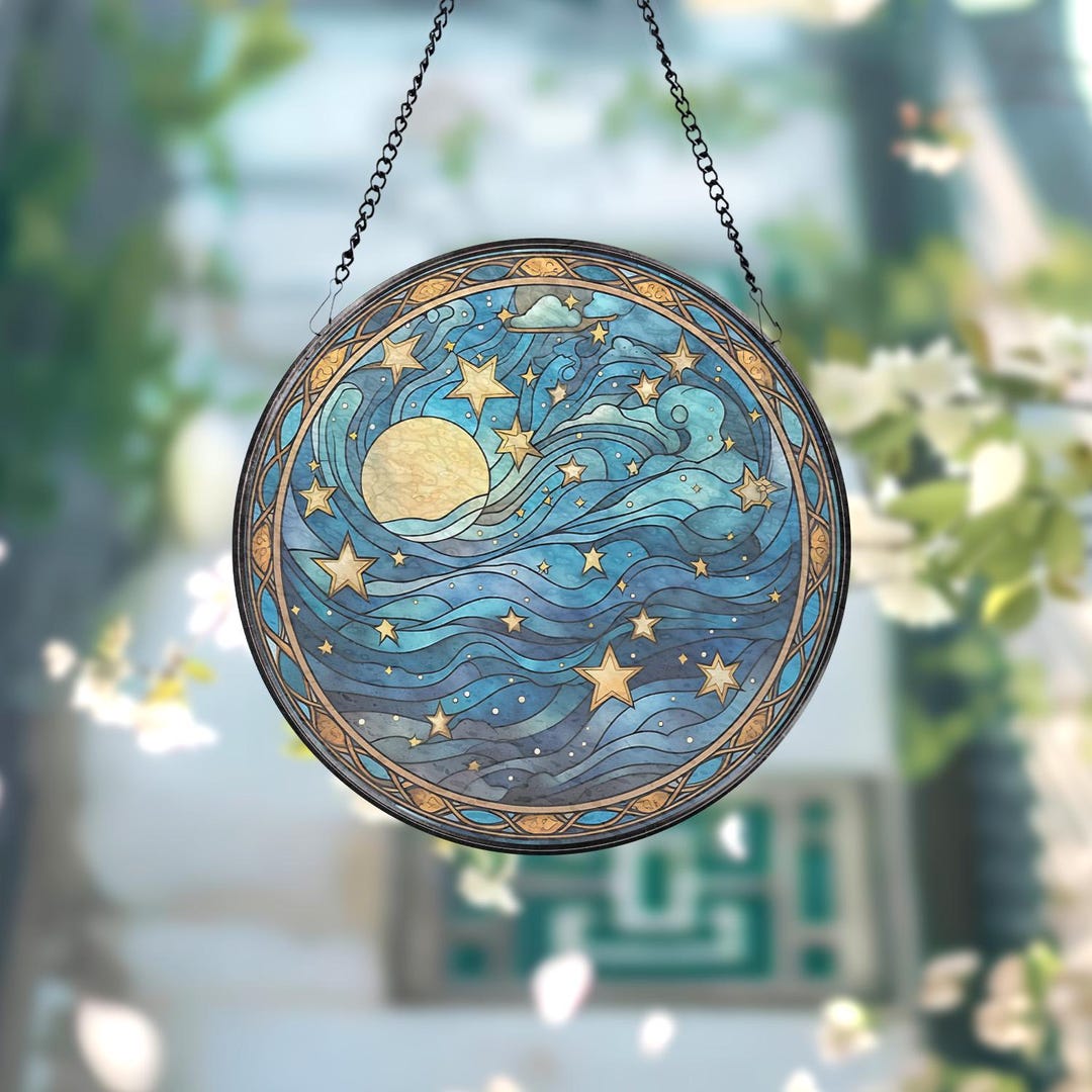 Celestial Moon and Star Stained Glass Suncatcher, Starry Night Window ...
