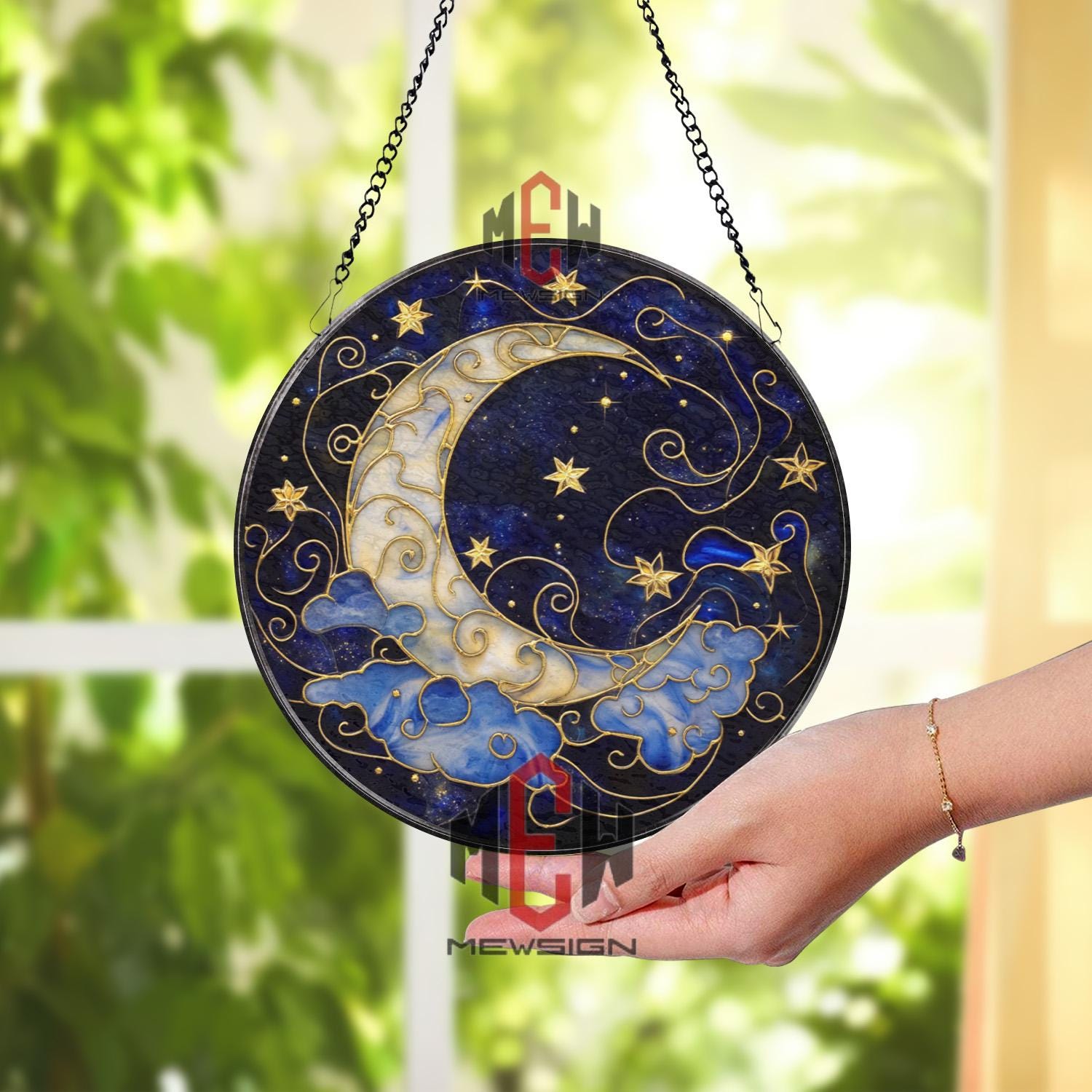 Moon and Stars Stained Glass Suncatcher, Celestial Night Sky Window ...