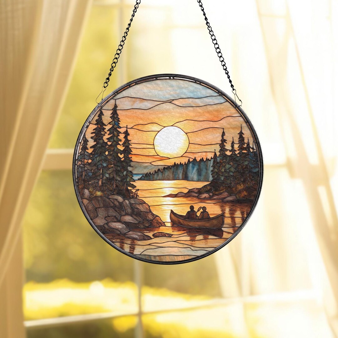 Sunset Canoe Stained Glass Suncatcher, Romantic Lake Scene Window ...