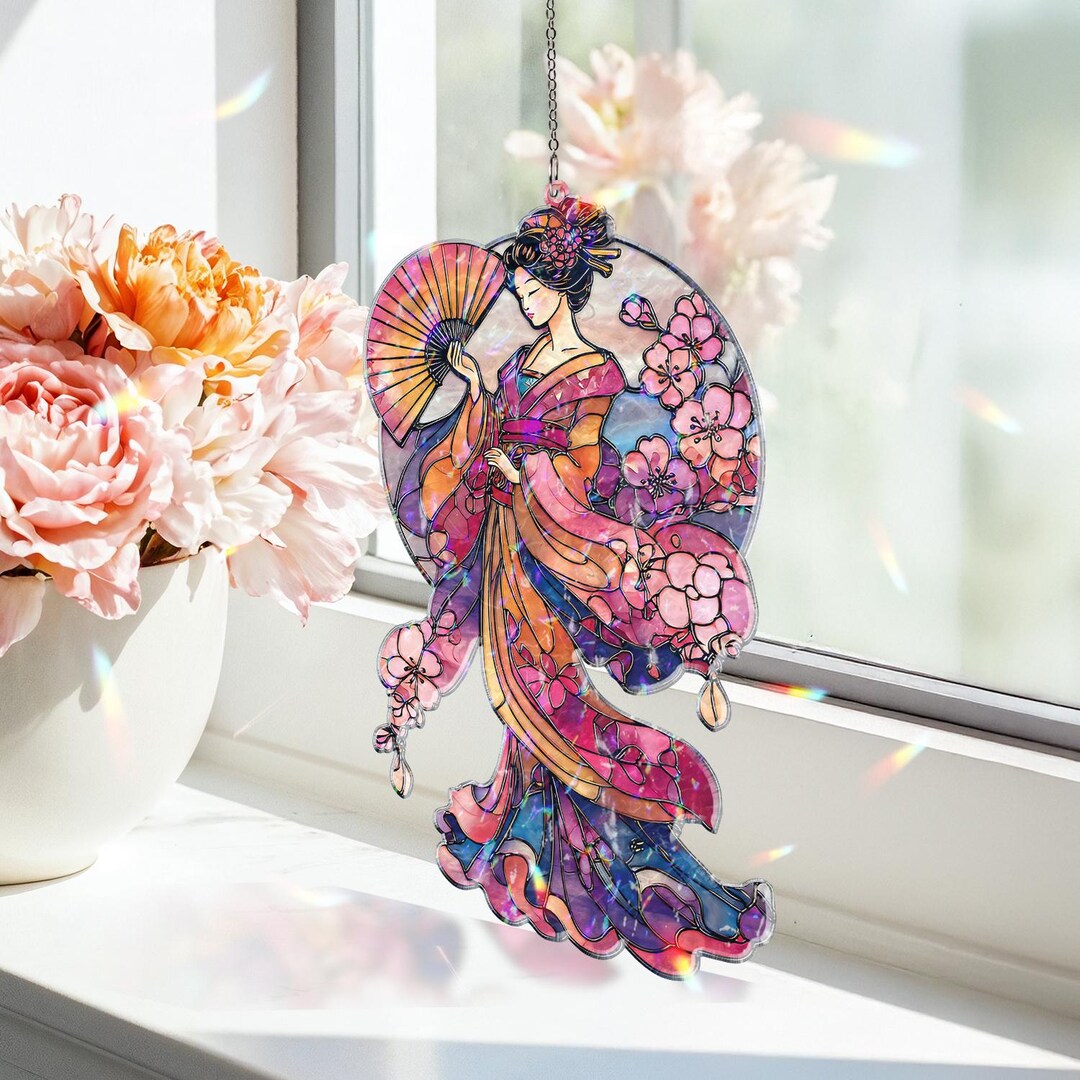 Geisha Acrylic Suncatcher, Stained Glass Style Japanese Woman With Fan ...