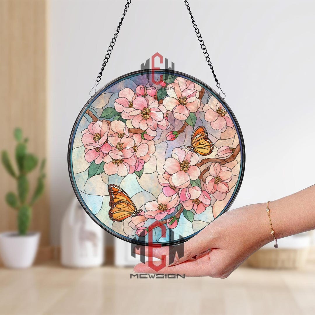 Cherry Blossom Stained Glass Suncatcher, Butterfly Floral Round Window ...