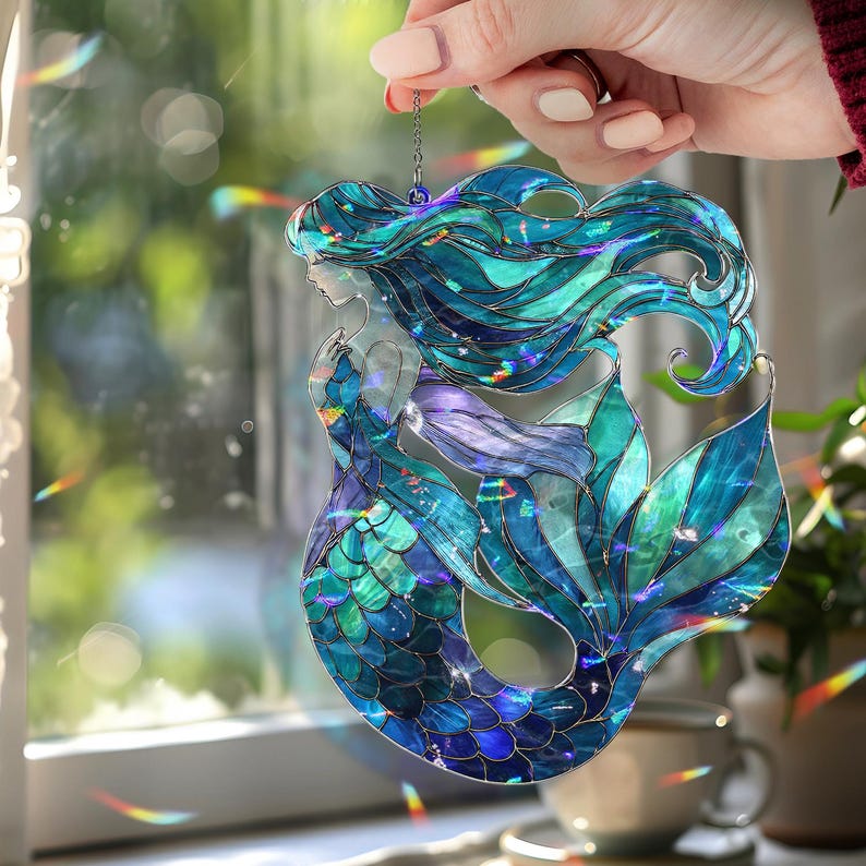 Mermaid Acrylic Suncatcher, Ocean Fantasy Window Hanging With Flowing ...