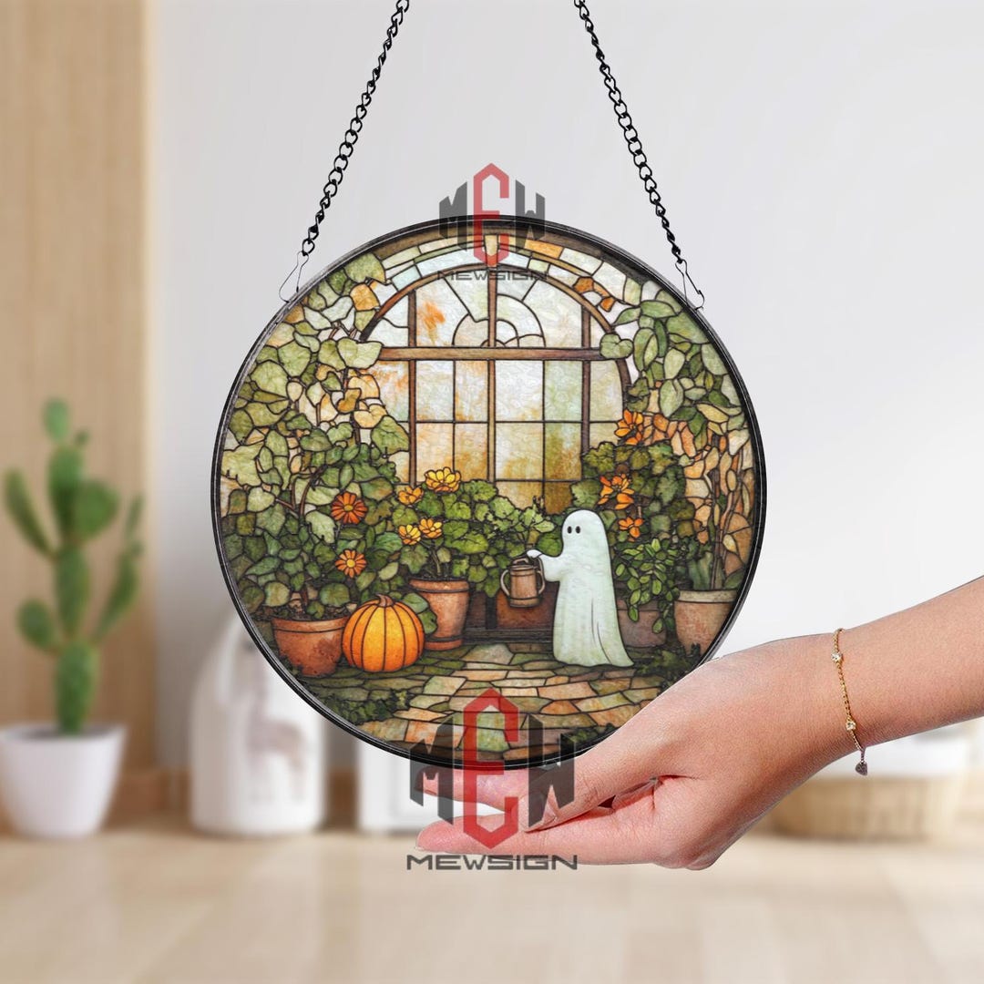 Ghost in Greenhouse Stained Glass Suncatcher, Cute Fall Window Panel ...