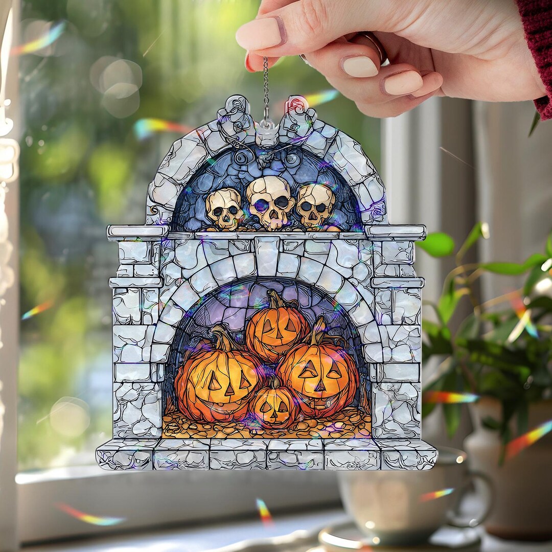 Pumpkin Skull Fireplace Acrylic Suncatcher, Stained Glass Style Jack O ...
