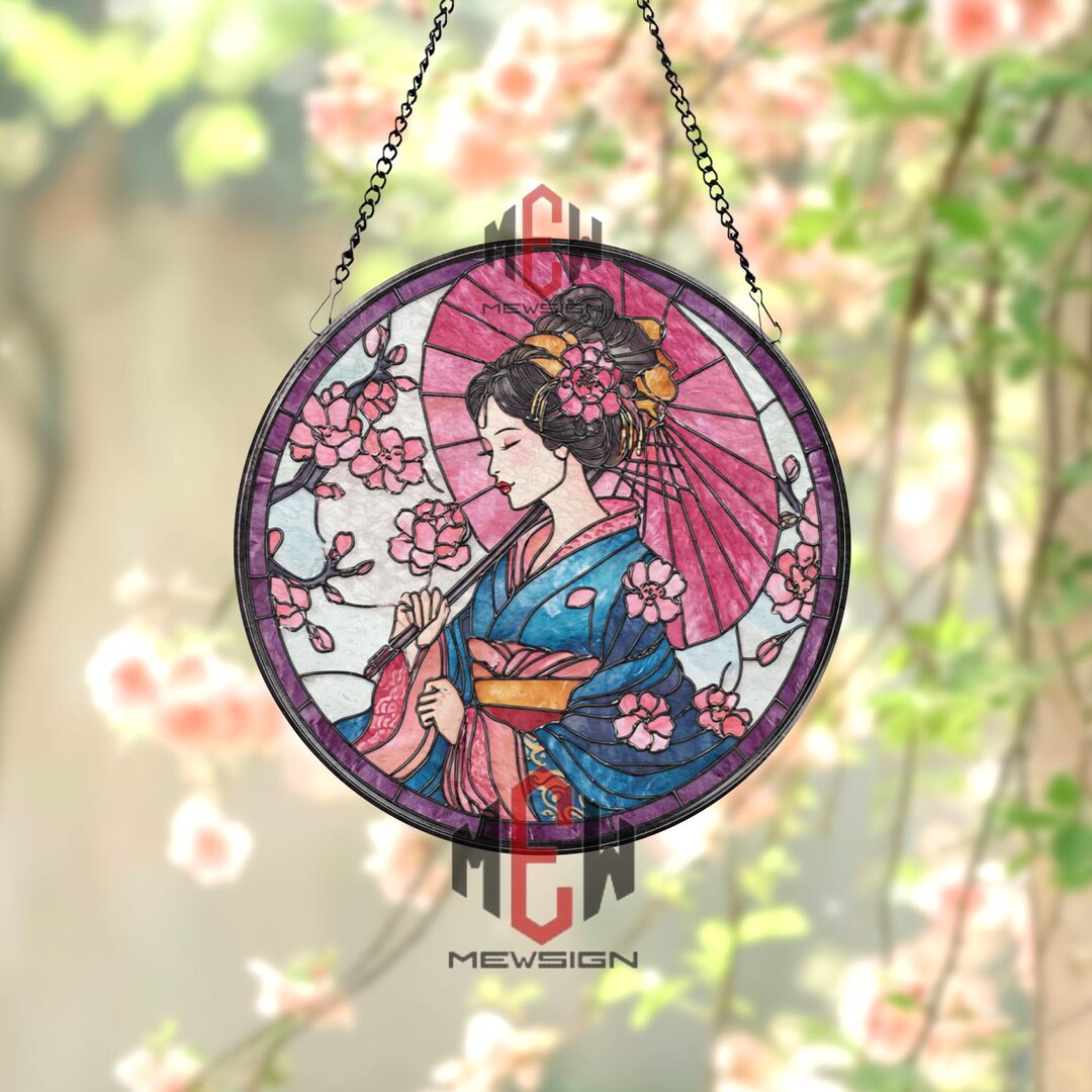 Geisha Stained Glass Suncatcher, Round Japanese Woman With Parasol and ...