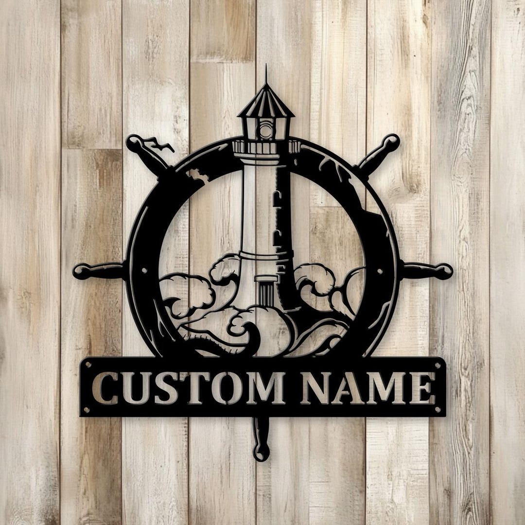 Custom Nautical Lighthouse Metal Sign With Ship Wheel, Personalized ...