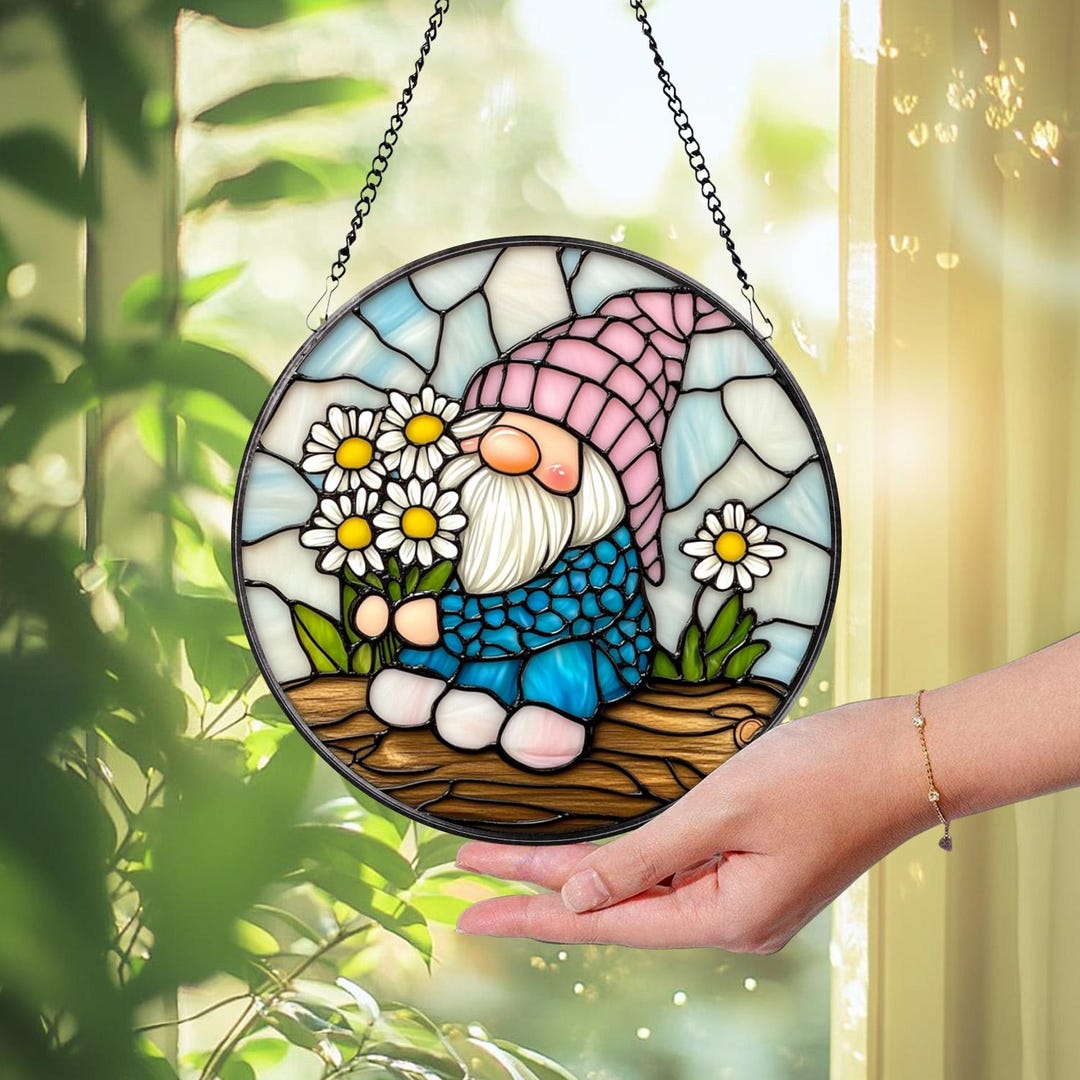Spring Gnome Stained Glass Suncatcher, Cute Flower Gnome Window Hanging ...