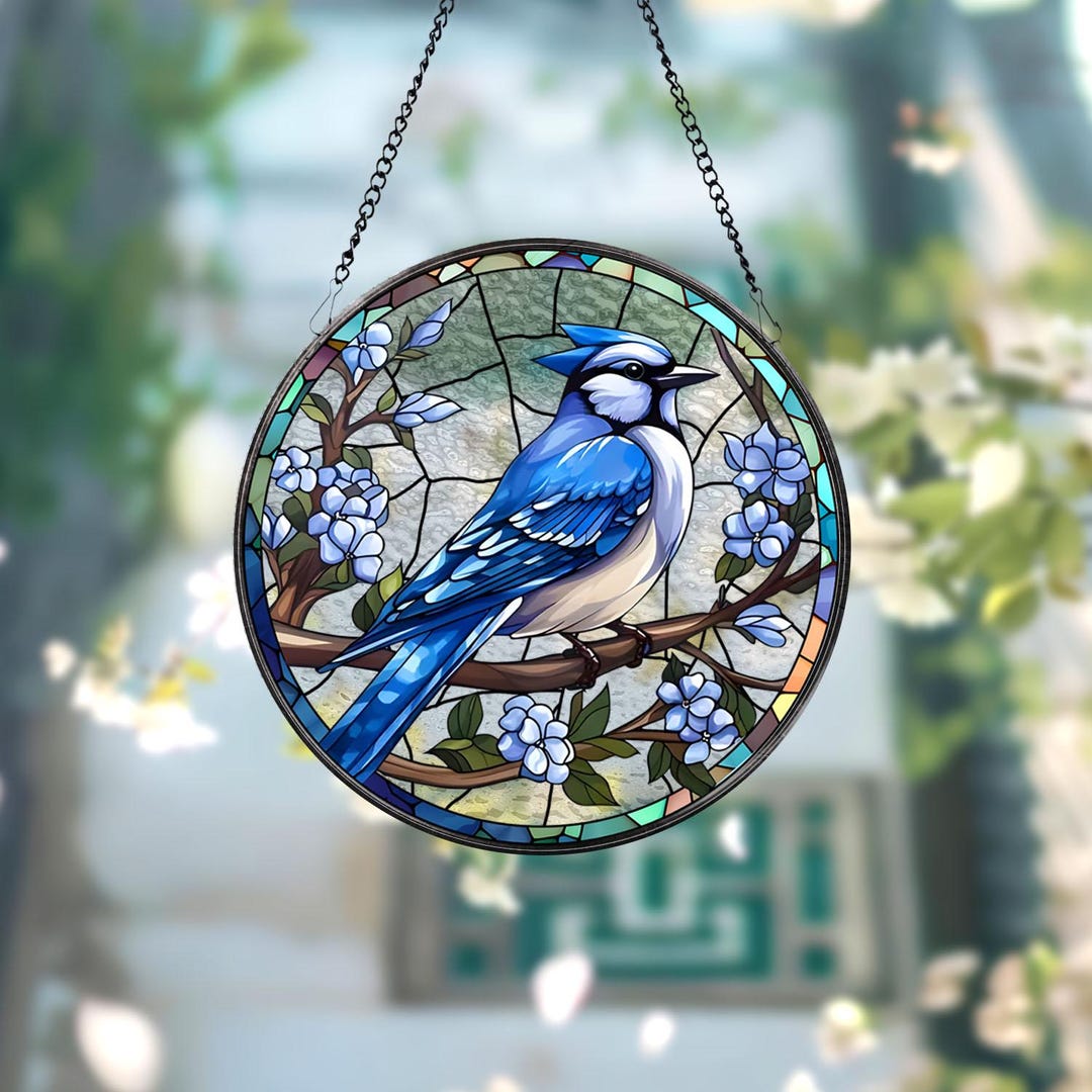 Blue Jay Glass Suncatcher, Flower Glass Art, Blue Jay Window Hangings ...