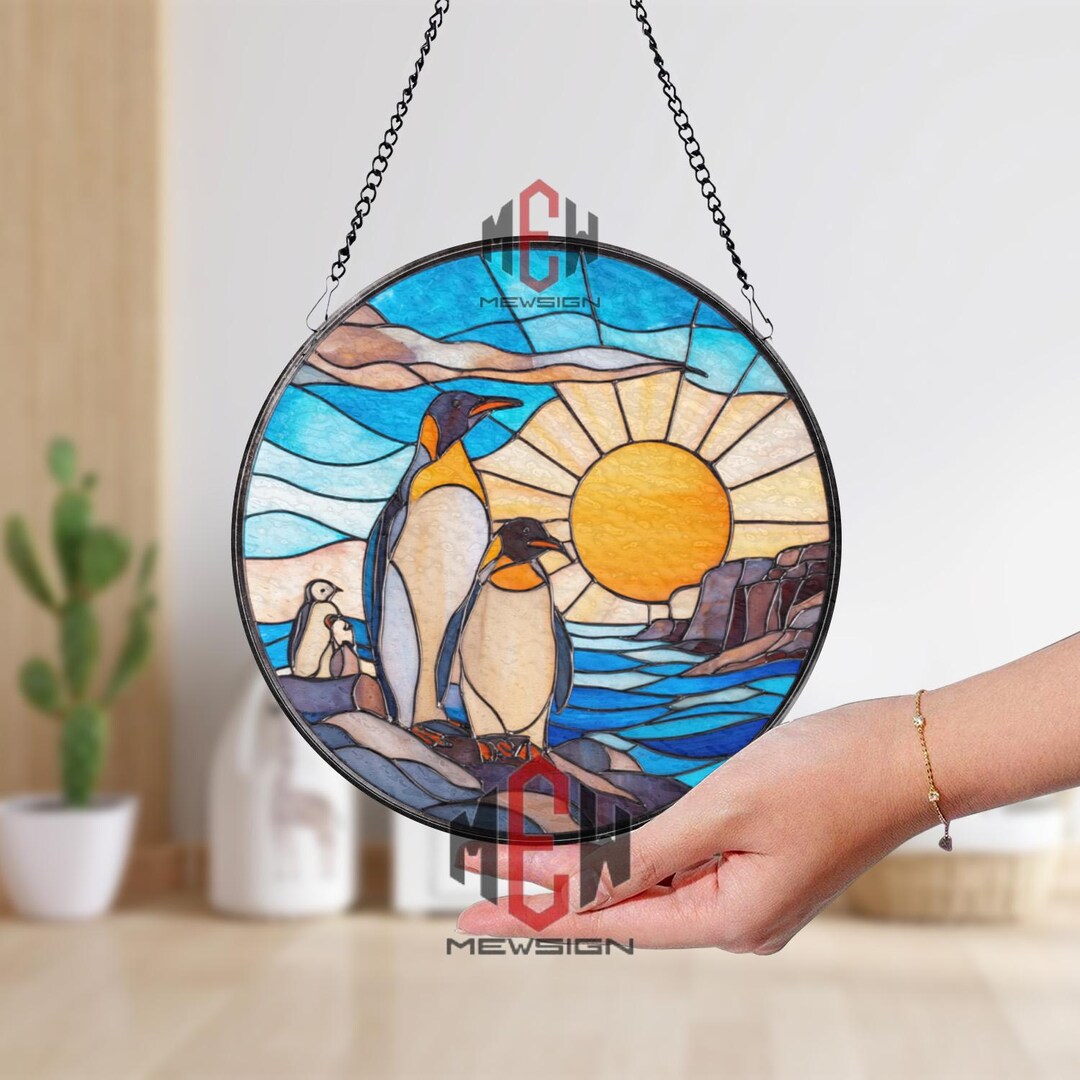 Penguin Family Stained Glass Suncatcher, Round Ocean Window Hanging ...