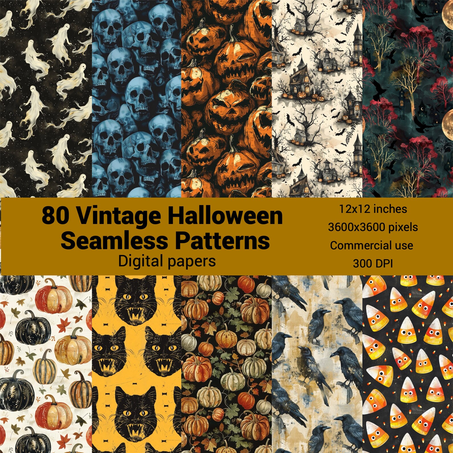 80 Vintage Halloween Print Seamless Patterns Collection, Instant ...