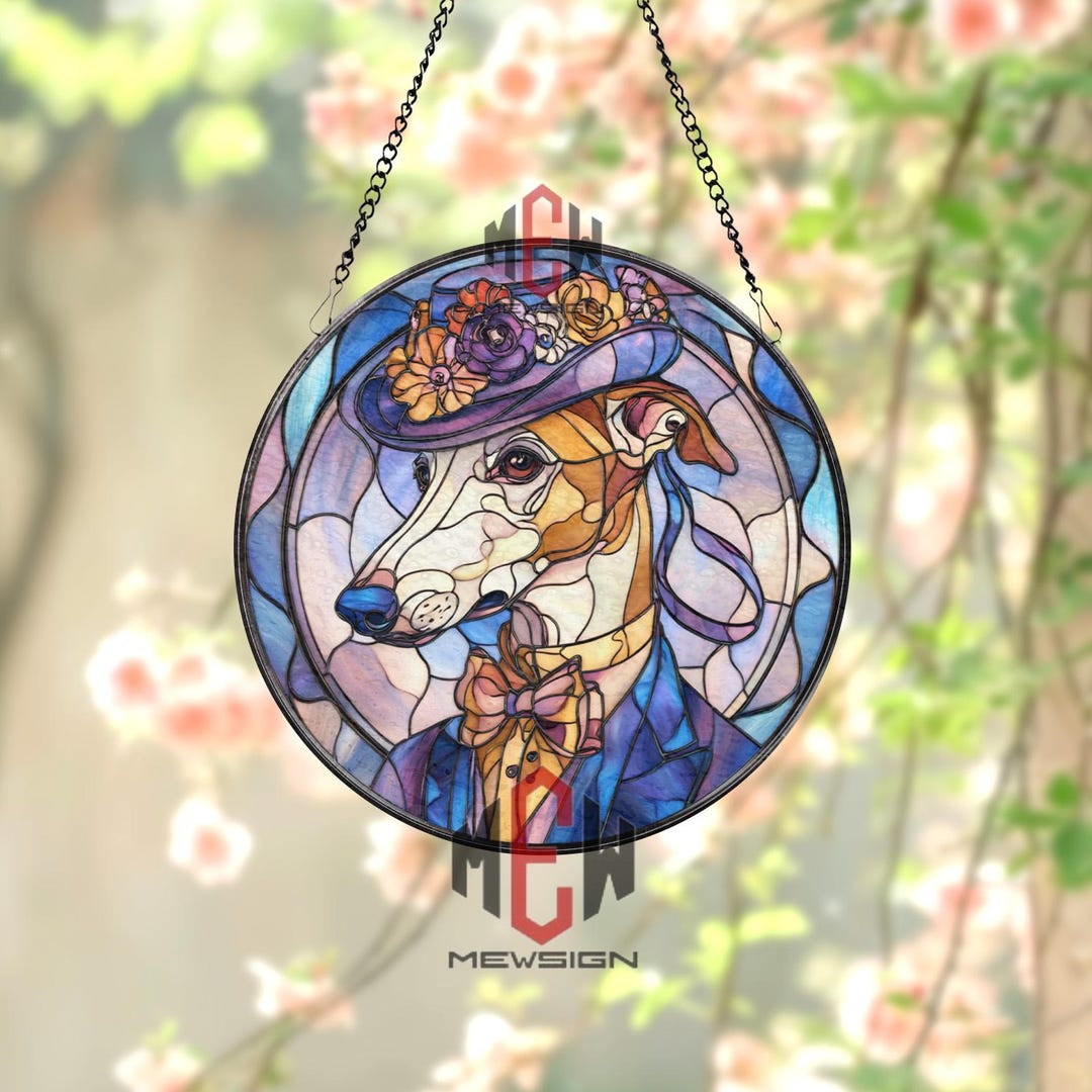 Greyhound Stained Glass Suncatcher, Dog Portrait Window Art, Whippet ...