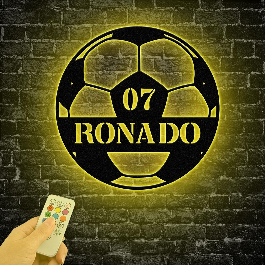 Custom Name & Number Soccer LED Metal Art Sign, Light up Soccer Ball ...