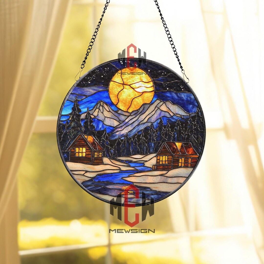 Moonlit Mountain Cabin Stained Glass Suncatcher, Winter Forest Window ...