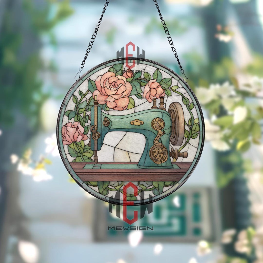 Rose Garden Sewing Machine Stained Glass Suncatcher, Elegant Floral ...