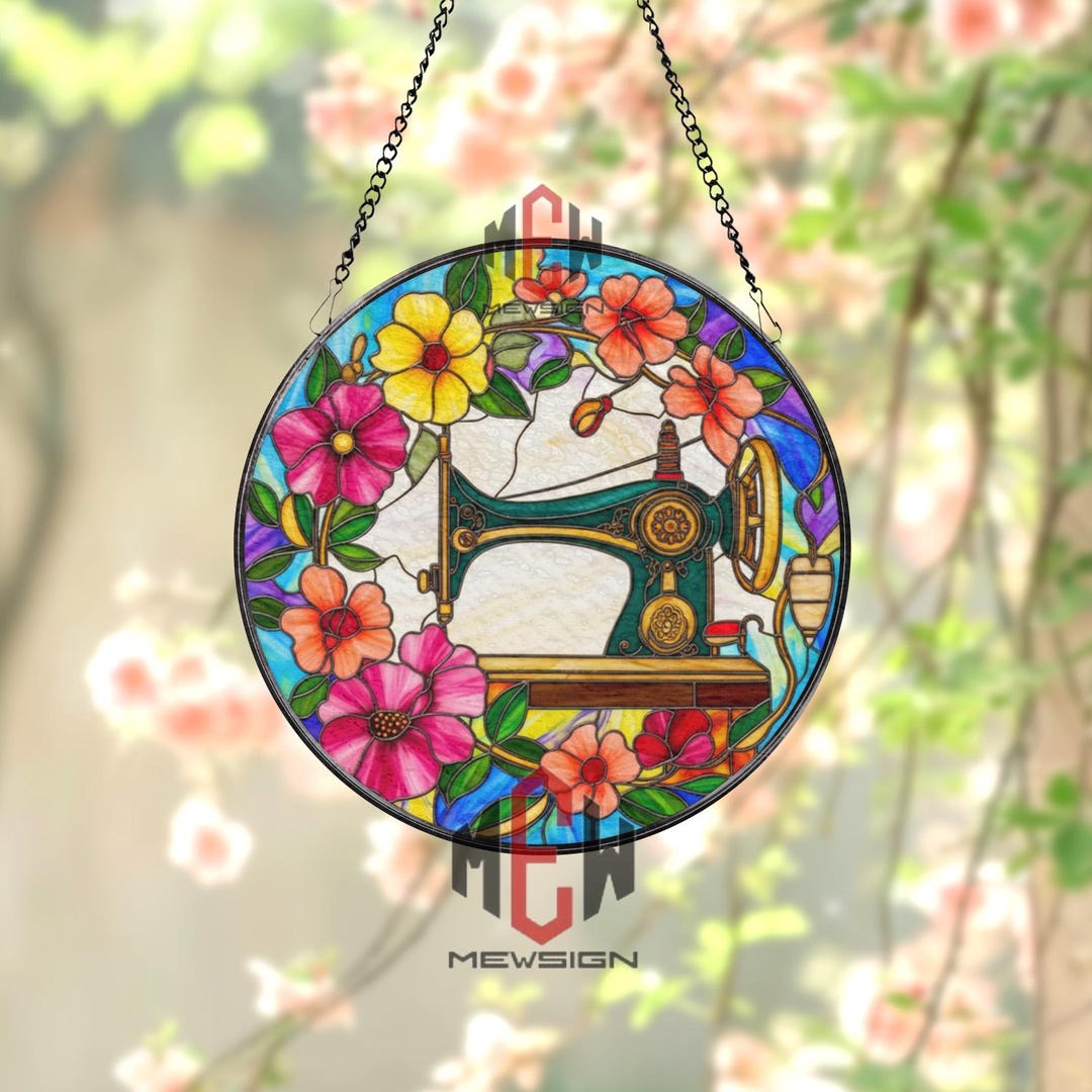 Vintage Sewing Machine Stained Glass Suncatcher, Colorful Floral Window ...