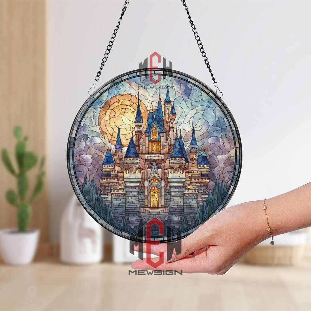 Fantasy Castle Stained Glass Suncatcher, Round Fairytale Kingdom Window ...