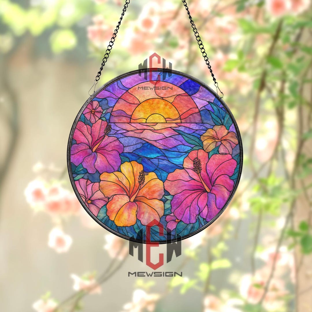 Japanese Castle Stained Glass Suncatcher, Round Mountain Temple Window ...
