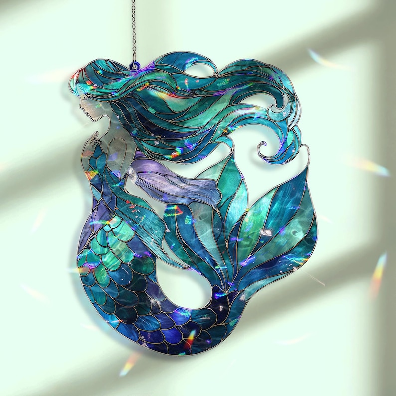 Mermaid Acrylic Suncatcher, Ocean Fantasy Window Hanging With Flowing ...