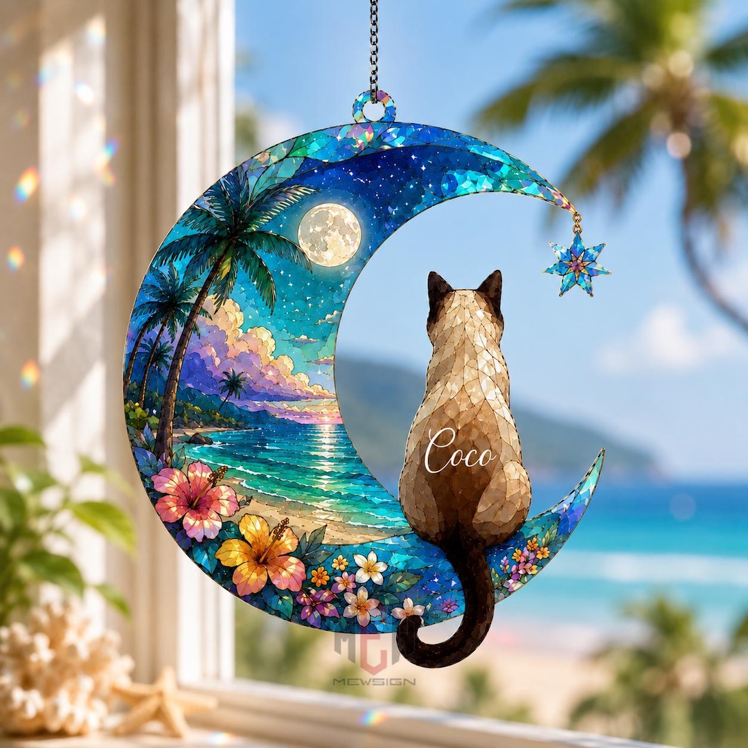 Personalized Cat Acrylic Suncatcher, Moon Cat Stained Glass Style ...