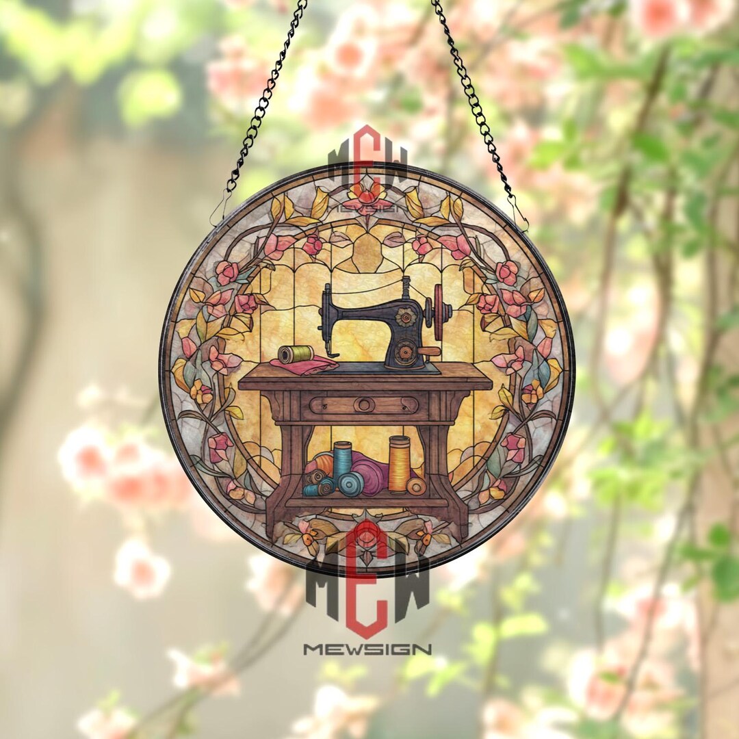 Vintage Sewing Machine Stained Glass Suncatcher, Floral Art Nouveau ...