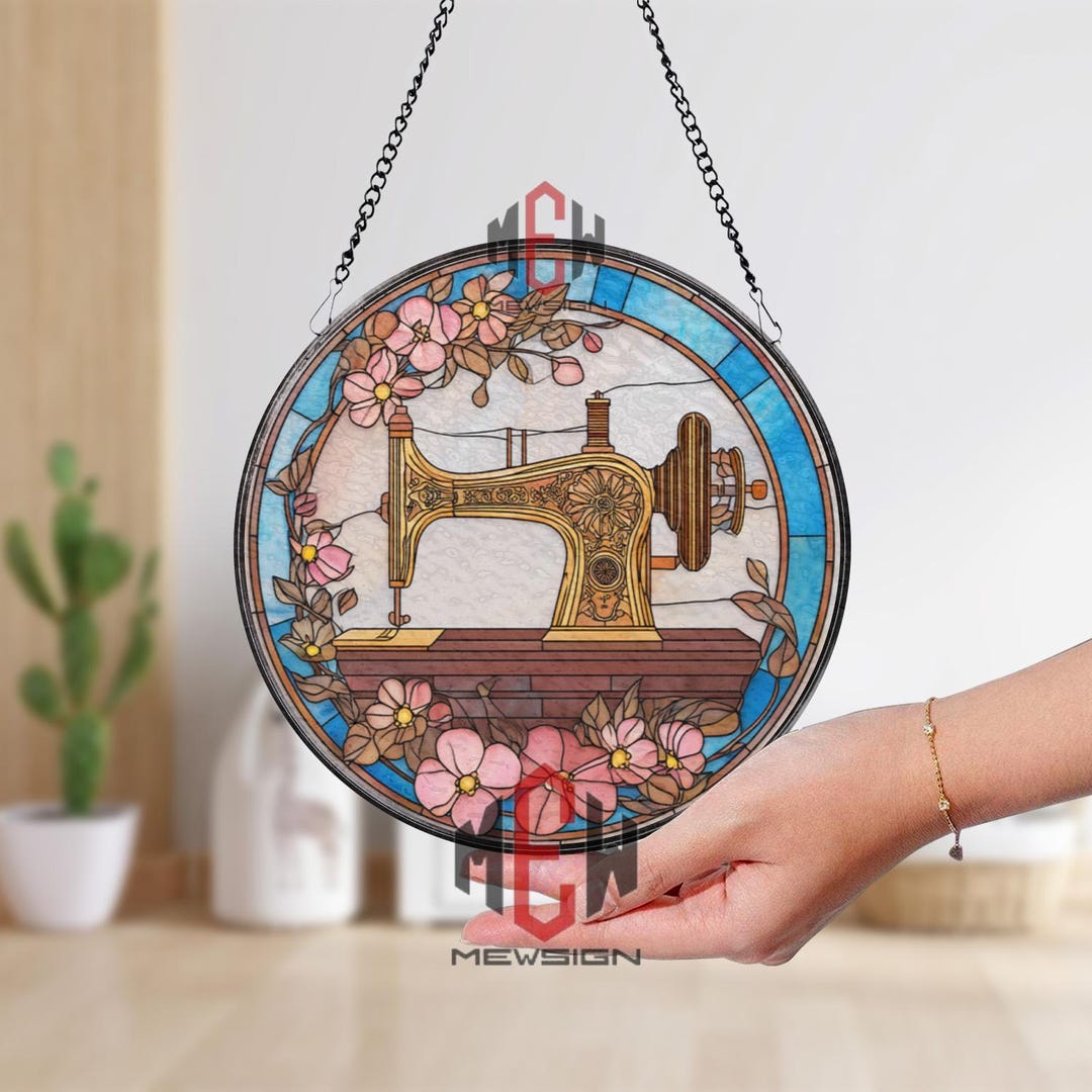 Antique Sewing Machine Stained Glass Suncatcher, Pink Blossom Floral ...