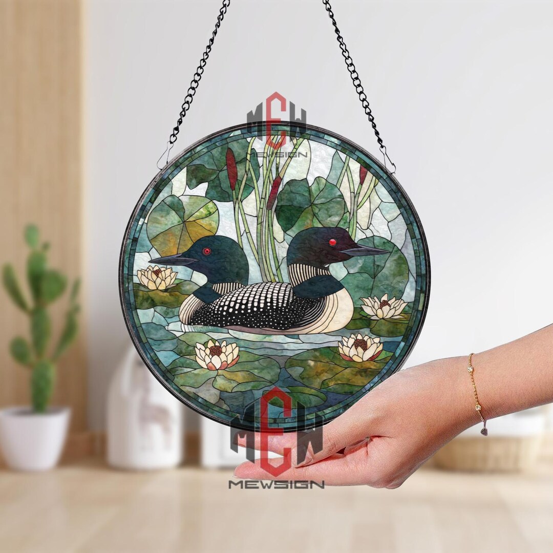 Common Loons and Water Lilies Stained Glass Suncatcher, Round Lake ...