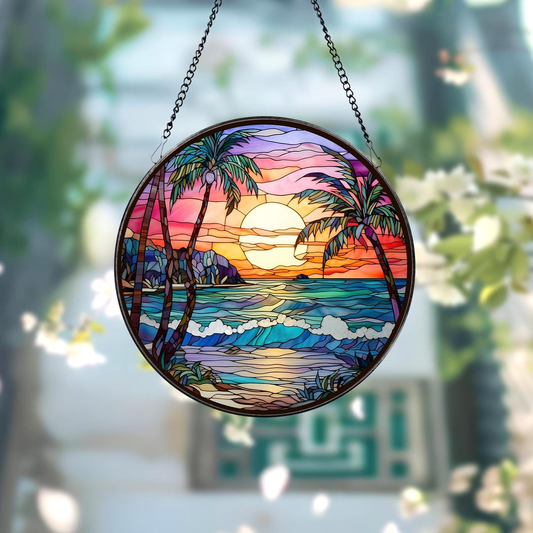 Beach Sunset Stained Glass, Beach Window Hangings, Beach Lover Home ...