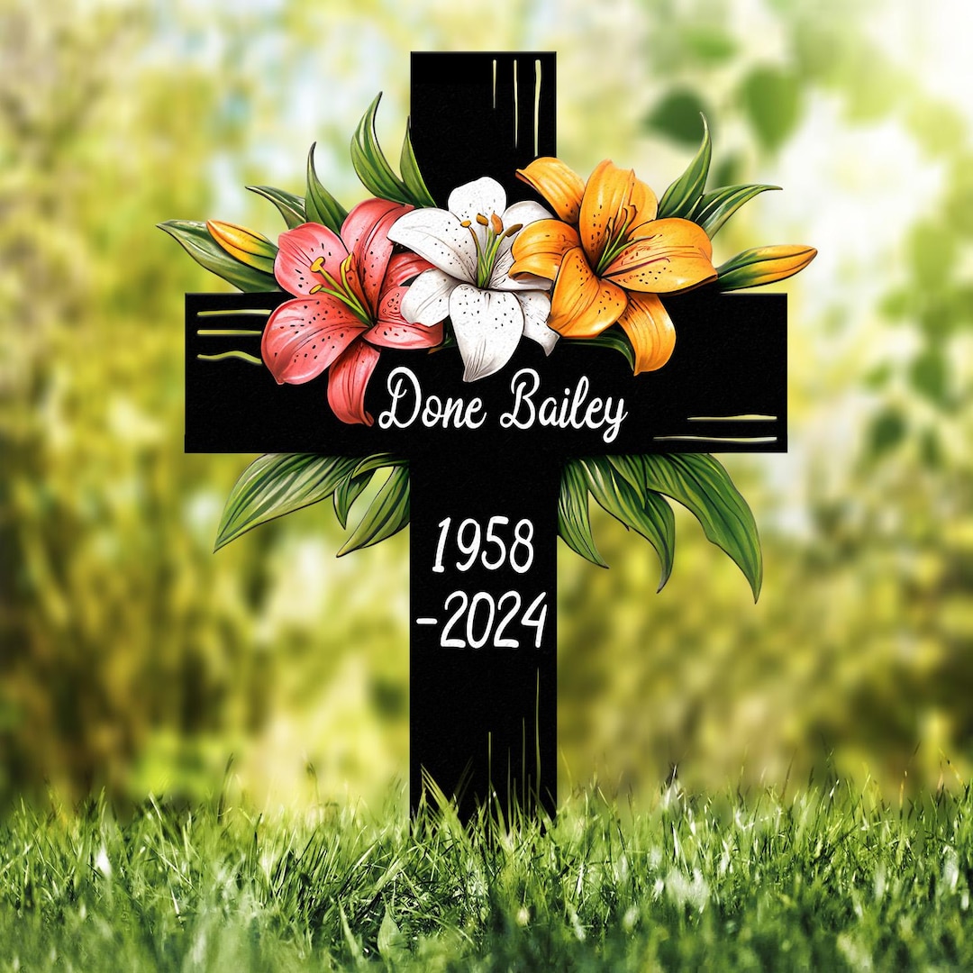 Lily Cross Memorial Garden Stake, Personalized Grave Marker for Loved ...