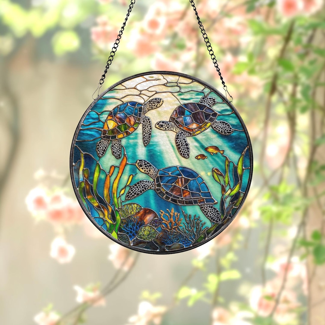 Sea Turtle Stained Glass Suncatcher, Ocean Underwater Window Hanging ...