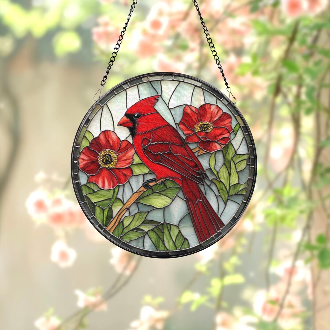 Red Cardinal Stained Glass Suncatcher, Memorial Bird Window Hanging ...