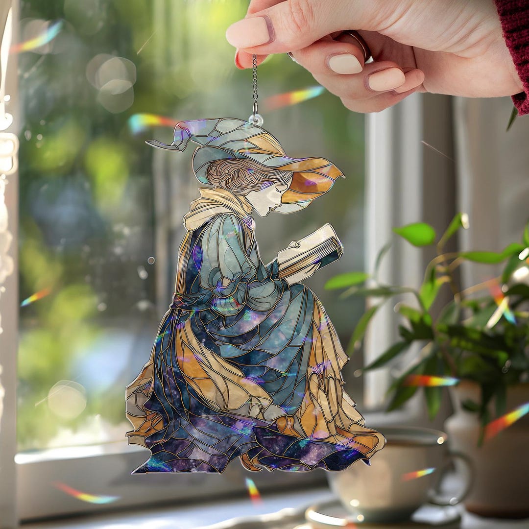 Reading Witch Acrylic Stained Glass Suncatcher, Fantasy Girl With Book ...
