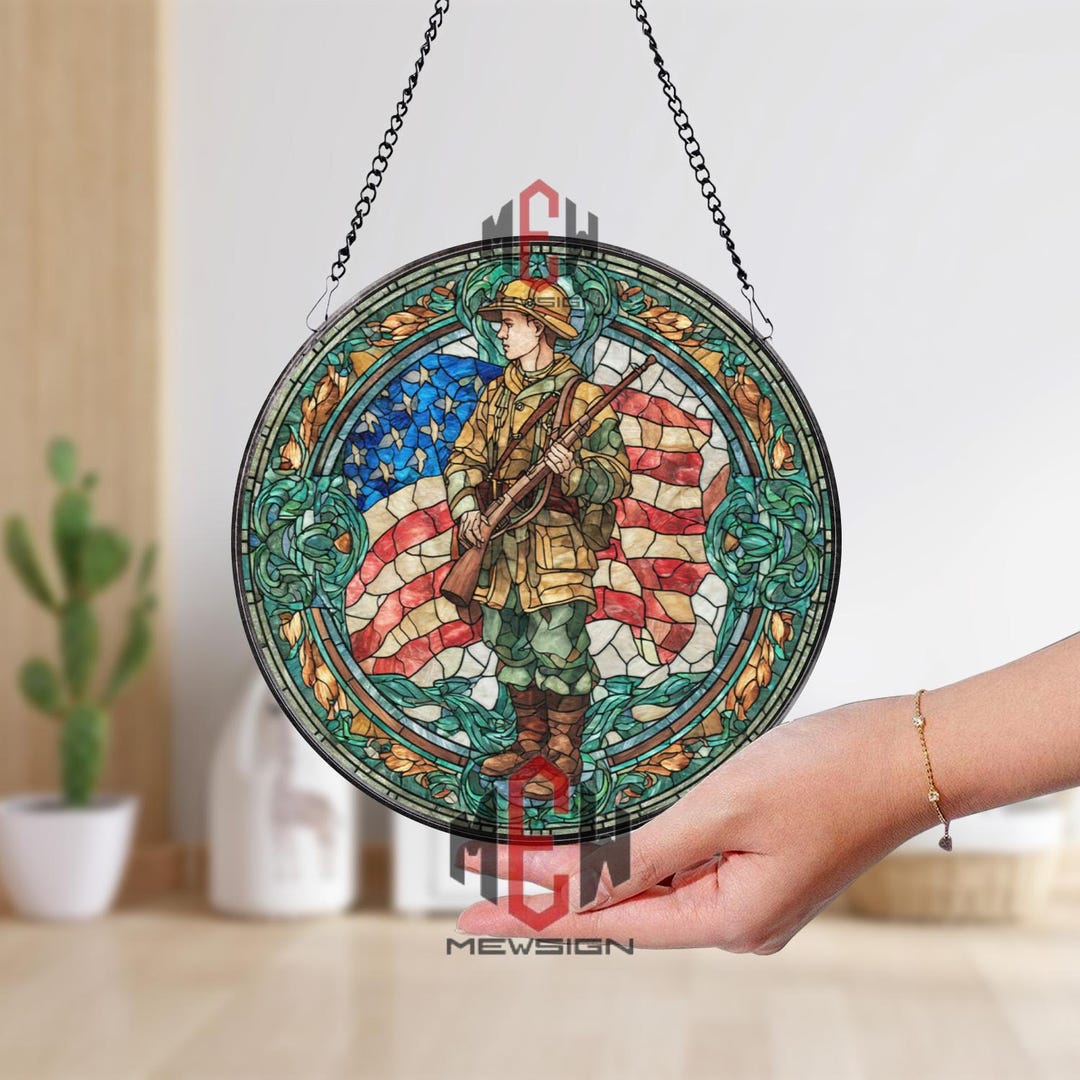 WWI Soldier Stained Glass Suncatcher, Round Patriotic Window Panel With ...