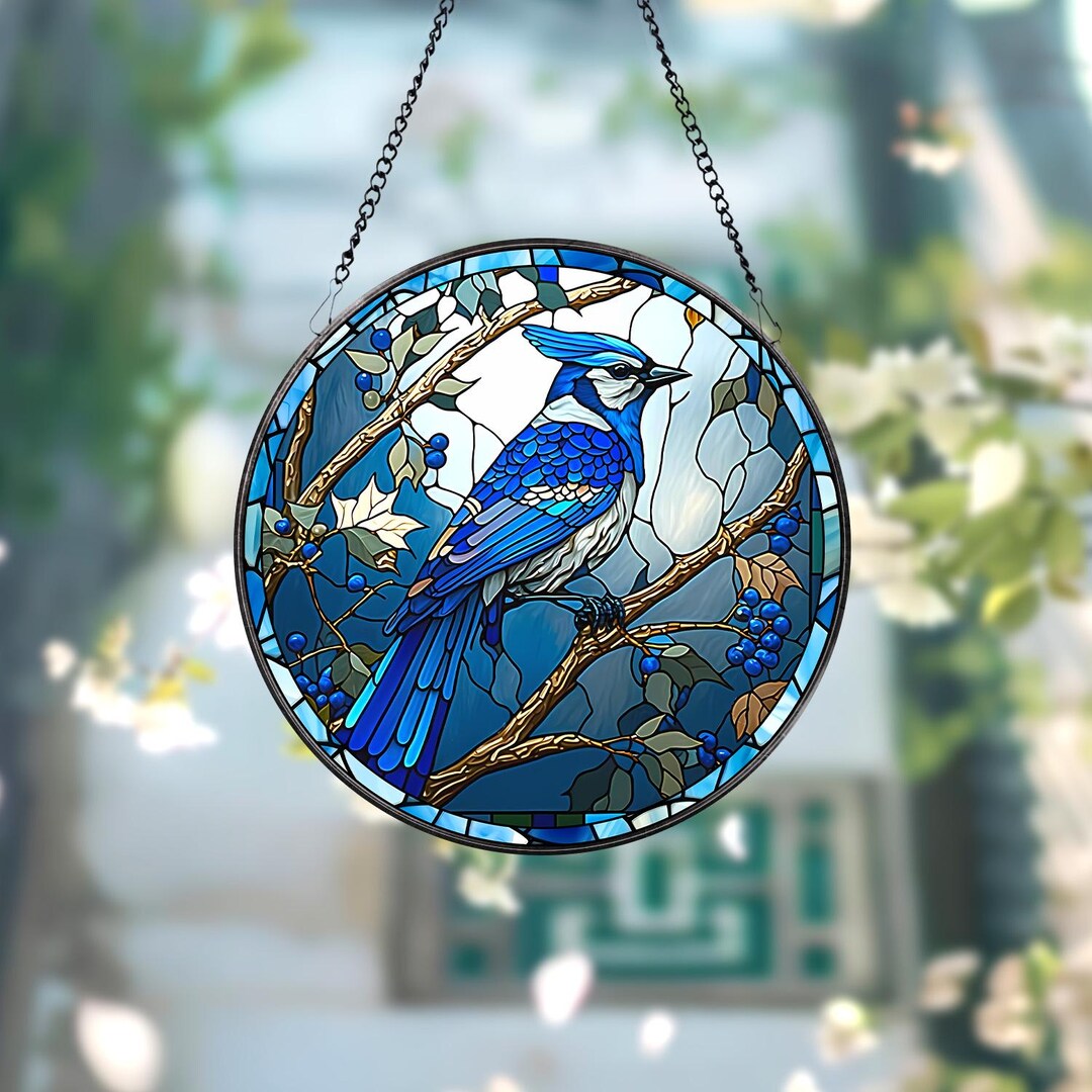Blue Jay Glass Suncatcher, Flower Glass Art, Blue Jay Window Hangings ...