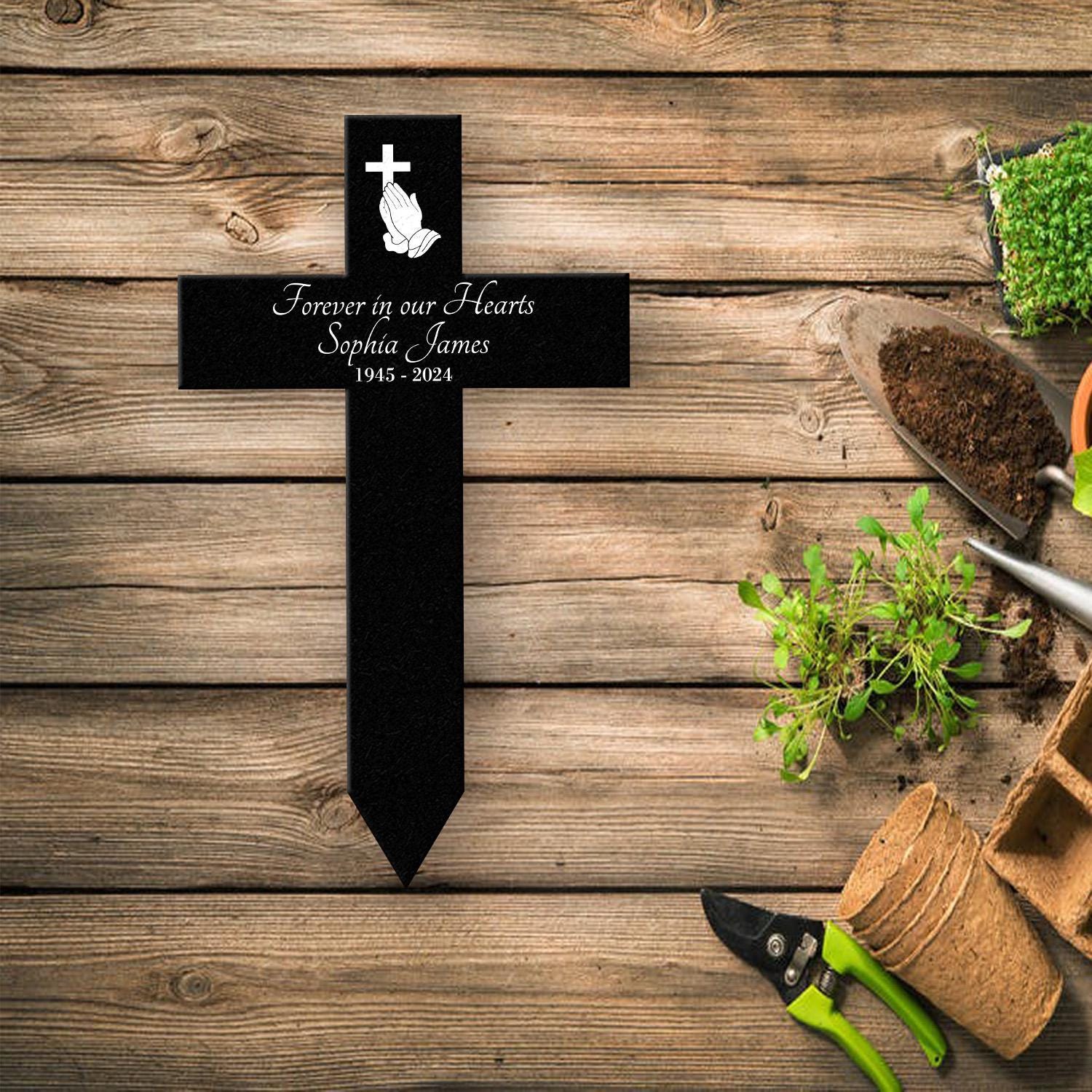 Personalized Memorial Cross Metal Sign, Forever in Our Hearts Grave ...