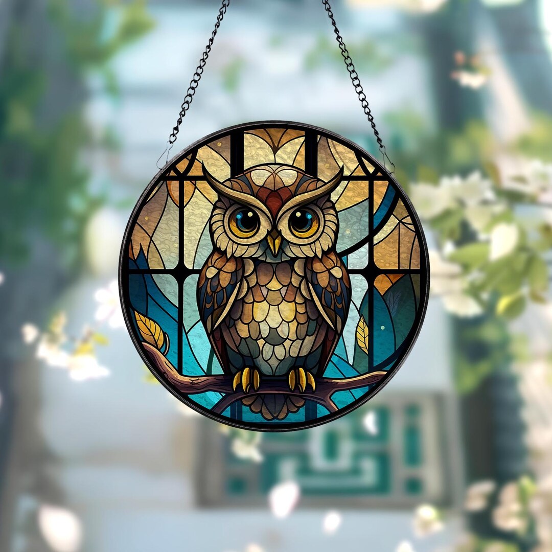 Stained Glass Owl Bird Suncatcher, Stained Glass Window Hanging Decor ...