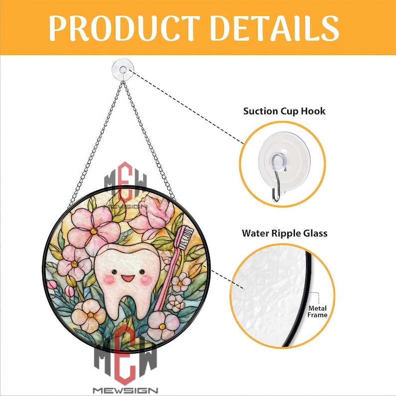 Cute Tooth Stained Glass Suncatcher, Floral Tooth Fairy Window Hanging ...
